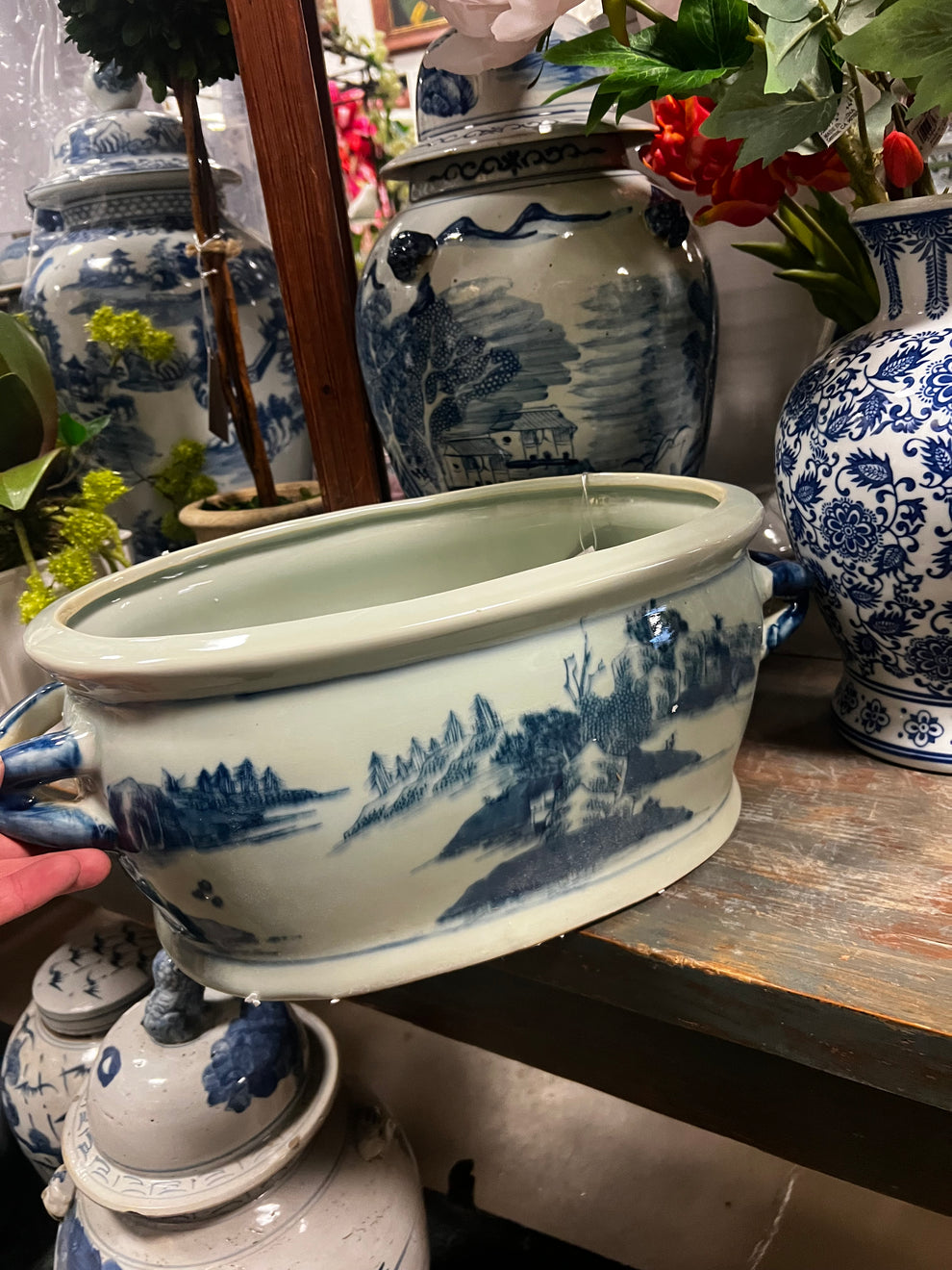 Blue and white ceramic pot oval with handles – Jeffrey Surles Living